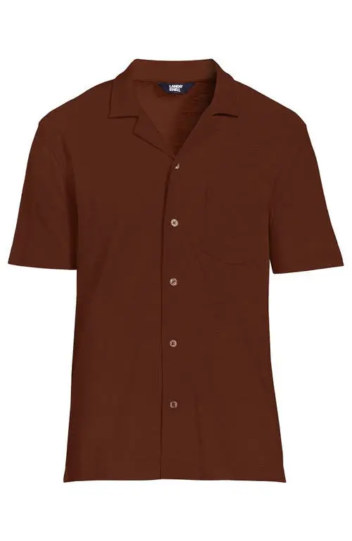 LANDS' END Short Sleeve Cotton Linen Button Through Camp Collar Shirt