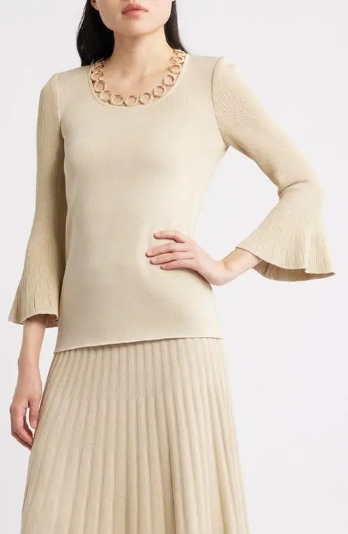 Misook Grommet Detail Metallic Knit Top With Bell Sleeves - Biscotti/gold
