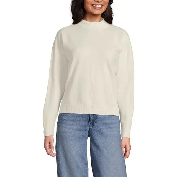LANDS' END Cashtouch Drop Shoulder Mock Neck Sweater - Off White