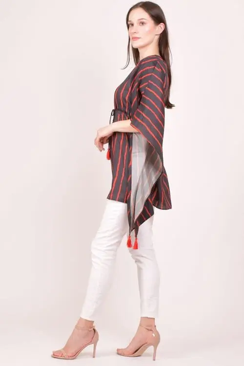 RAAS Striped Floral Embroidered Drawstring Kaftan Top