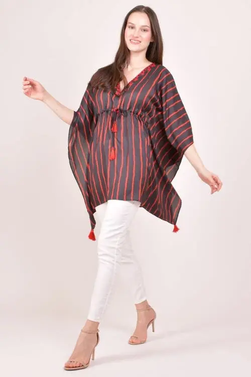 RAAS Striped Floral Embroidered Drawstring Kaftan Top