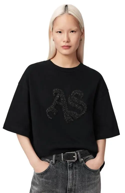 ALLSAINTS Icon Amelie Oversize Rhinestone Cotton T-shirt - Black