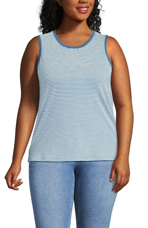 LANDS' END Supima Cotton Crewneck Tank Top - Teal Blue Ocean Micro Stripe