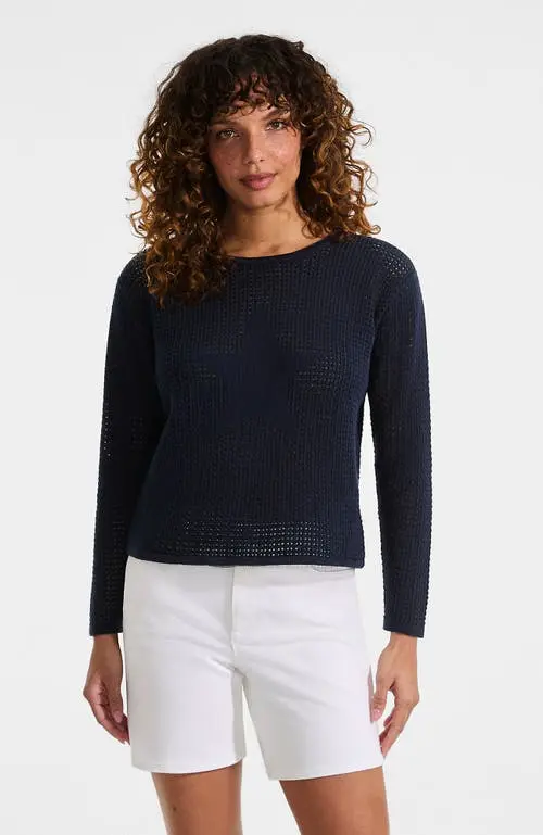 LANDS' END Cotton Viscose Mesh Jacquard Crew Neck Sweater - Radiant Navy