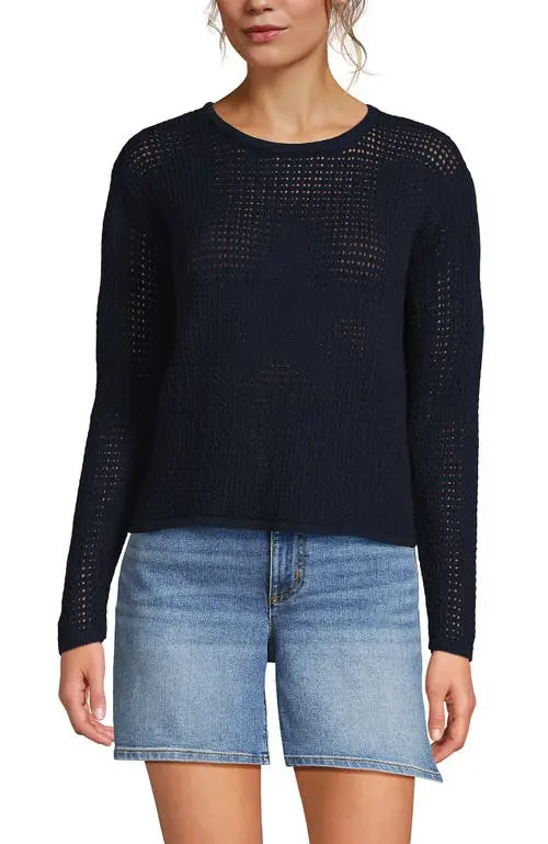LANDS' END Cotton Viscose Mesh Jacquard Crew Neck Sweater - Radiant Navy