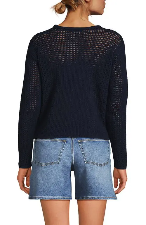 LANDS' END Cotton Viscose Mesh Jacquard Crew Neck Sweater - Radiant Navy