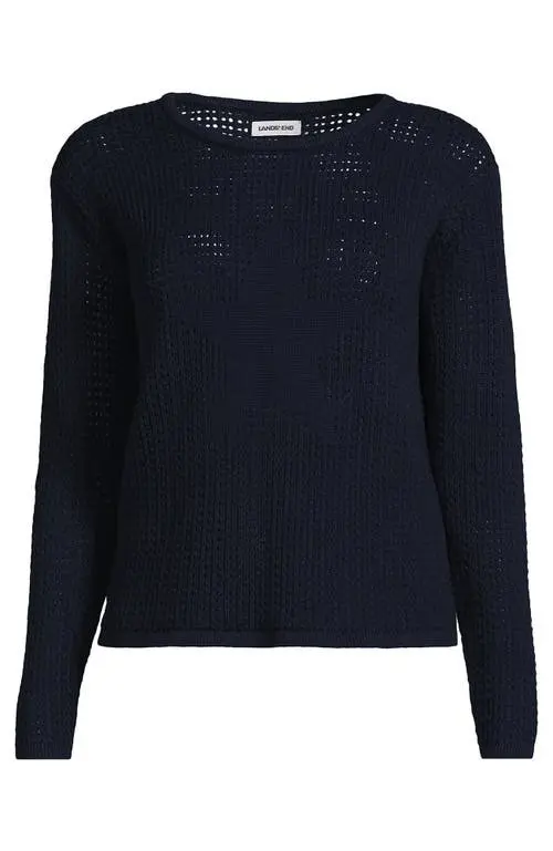 LANDS' END Cotton Viscose Mesh Jacquard Crew Neck Sweater - Radiant Navy