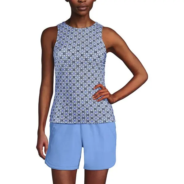 LANDS' END D-cup High Neck Upf 50+ Sun Protection Modest Tankini Swimsuit Top - Lake Blue Geo Floral