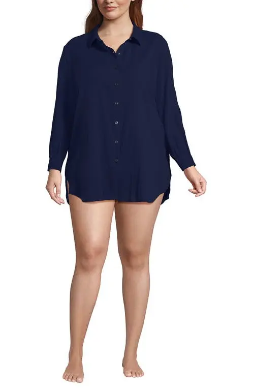 LANDS' END New Button-up Shirt Cover-up Dress - Deep Sea Navy