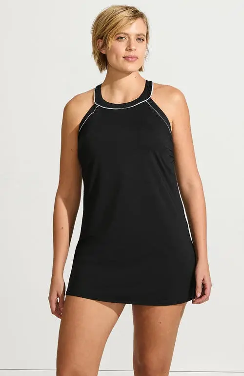 LANDS' END High Neck Swim Dress With Concealed One-piece - Black/white