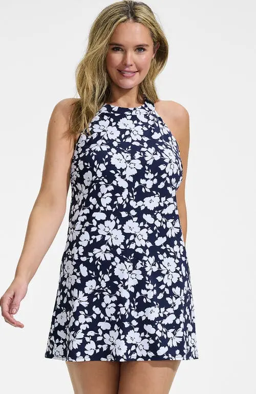 LANDS' END High Neck Swim Dress With Concealed One-piece - Navy Blossom Floral