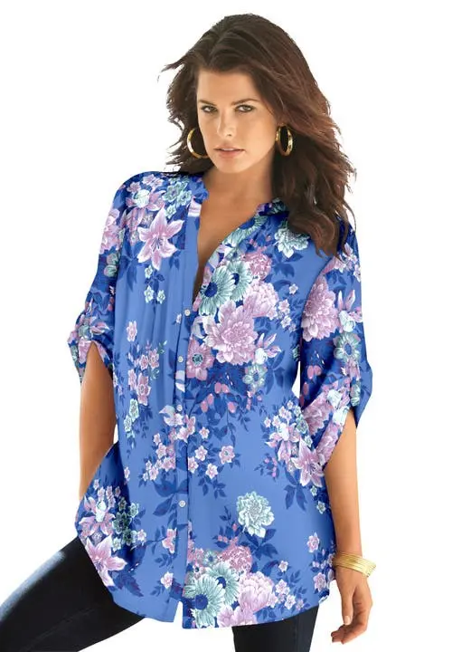 ROAMAN'S Pintuck Tunic Blouse With Y-neck And Roll-tab Sleeves - Horizon Blue Floral