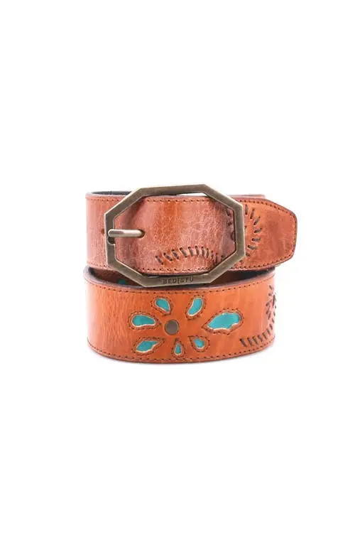 Bed Stu Upswing Ii Belt With Floral Inlay - Caramel Arctic Teal Rustic