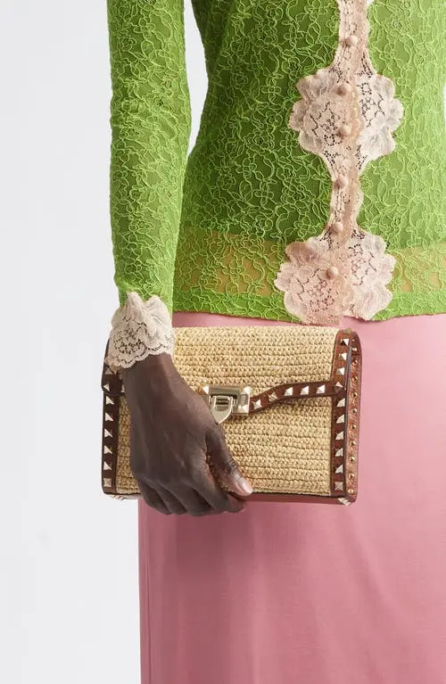 Valentino Garavani Small Rockstud Raffia Crochet Shoulder Bag - Natural
