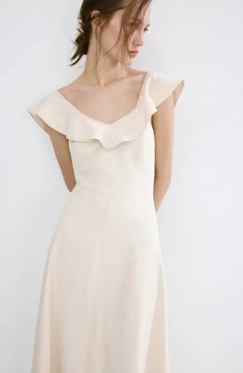 Mango Ruffled Linen Blend Midi Dress