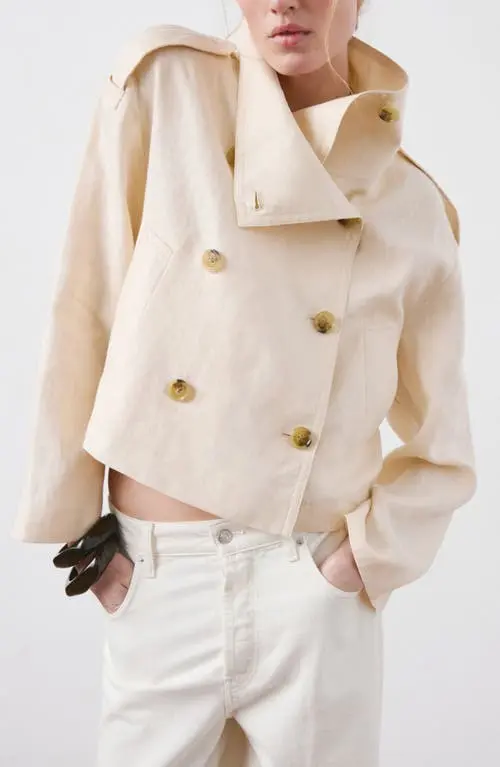 Mango Linen Funnel Neck Double-breasted Jacket