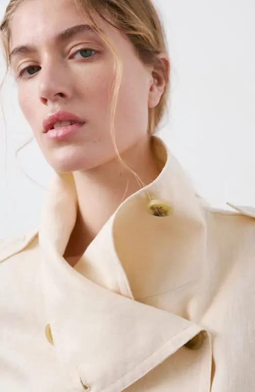 Mango Linen Funnel Neck Double-breasted Jacket