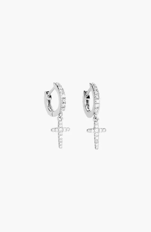 RIZEN JEWELRY Luminous Pavé Cross Huggie Hoop Earrings - Sterling Silver