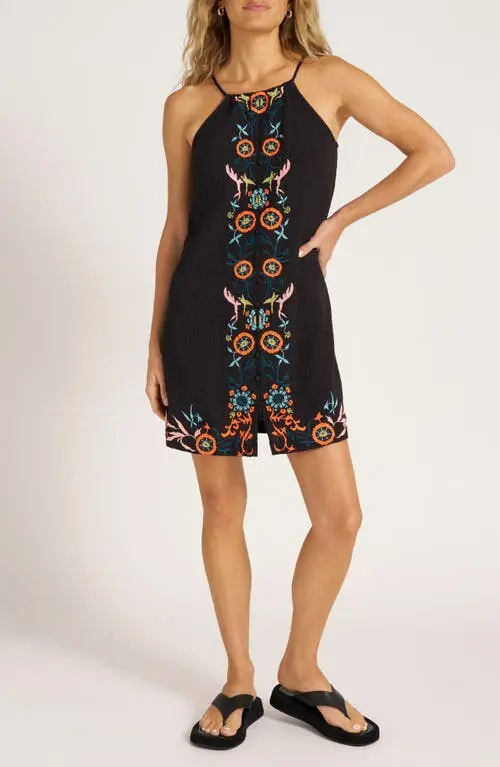 Matty M. Embroidered Halter Neck Gauze Mini Dress - Black