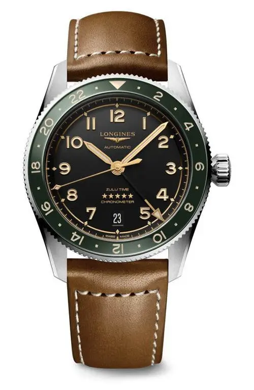 LONGINES Spirit Zulu Time Gmt Automatic Leather Strap Watch - Black/anthracite