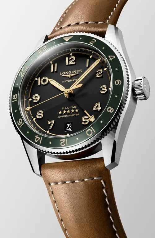 LONGINES Spirit Zulu Time Gmt Automatic Leather Strap Watch - Black/anthracite