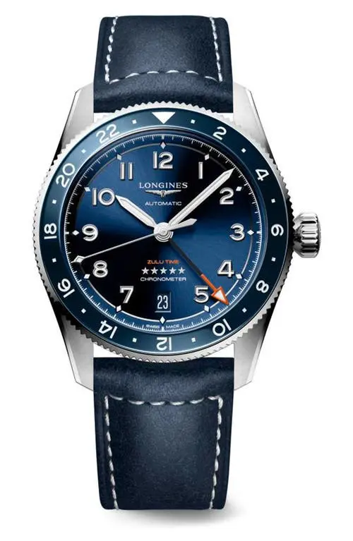 LONGINES Spirit Zulu Time Gmt Automatic Stainless Steel And Leather Watch - Blue