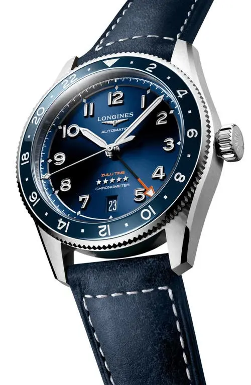 LONGINES Spirit Zulu Time Gmt Automatic Stainless Steel And Leather Watch - Blue