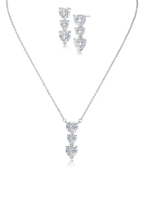 CZ BY KENNETH JAY LANE Heart Shaped Cubic Zirconia Pendant Necklace And Drop Earrings Set - Rhodium Plated Brass