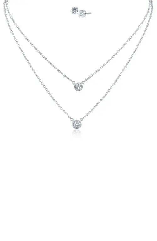 CZ BY KENNETH JAY LANE Round Cubic Zirconia Solitaire Multistrand Pendant Necklace And Stud Earrings Set - Rhodium Plated Brass