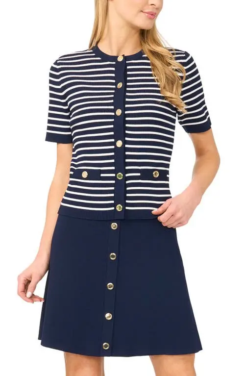 Halogen Stripe Short Sleeve Cardigan - Classic Navy