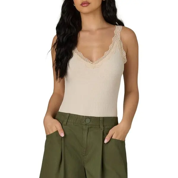 Wit & Wisdom Lace Trim Ribbed V-neck Camisole - Ecru