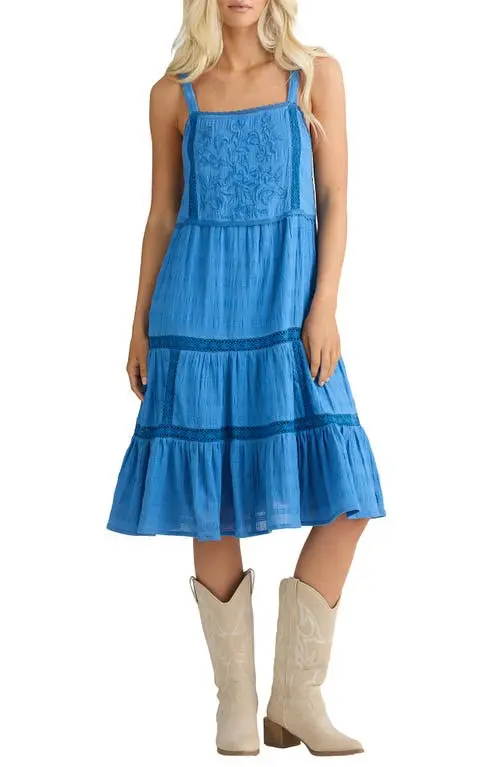 TALISMAN THE LABEL Aurora Floral Embroidered Lace Trim Tiered Midi Dress - Blue Haze