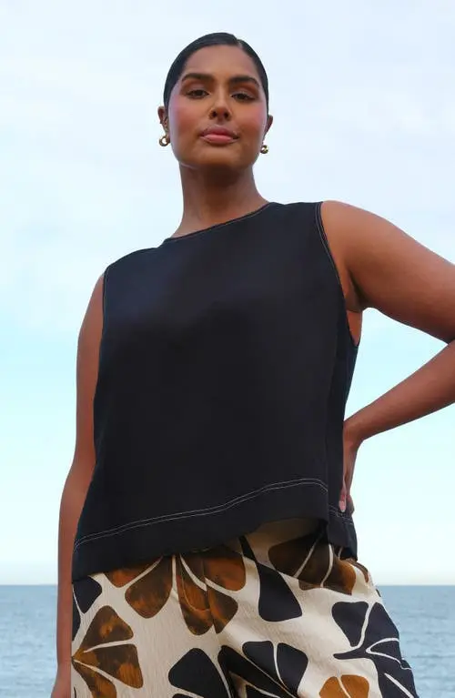 ESTELLE Sleeveless Linen Blend Top With Contrast Stitching