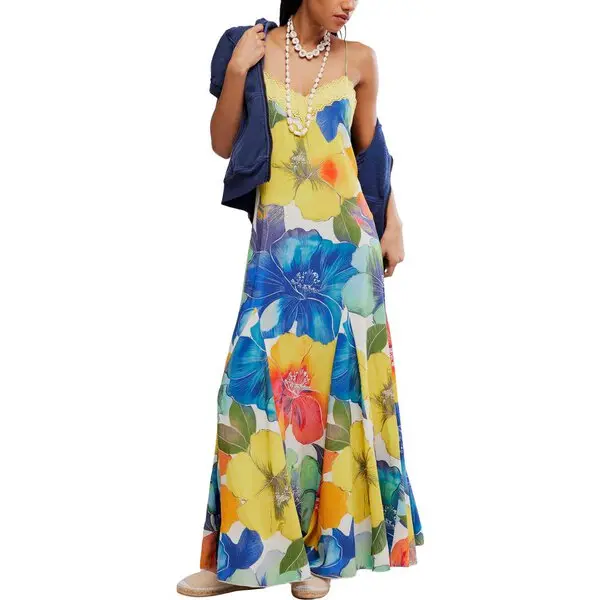 Free People Floral Lace Trim Maxi Dress - Tropical Combo
