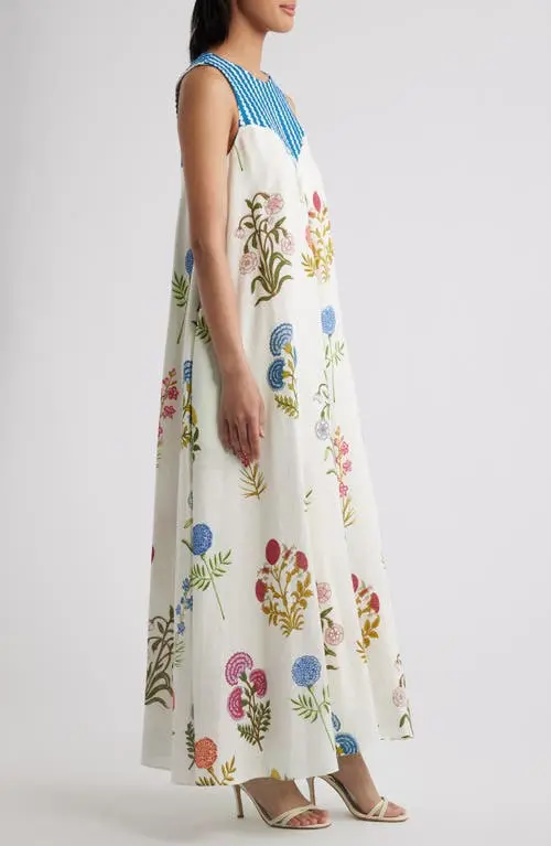 Elie Tahari Sleeveless Linen Maxi Dress With Floral Print And Contrast Stitching