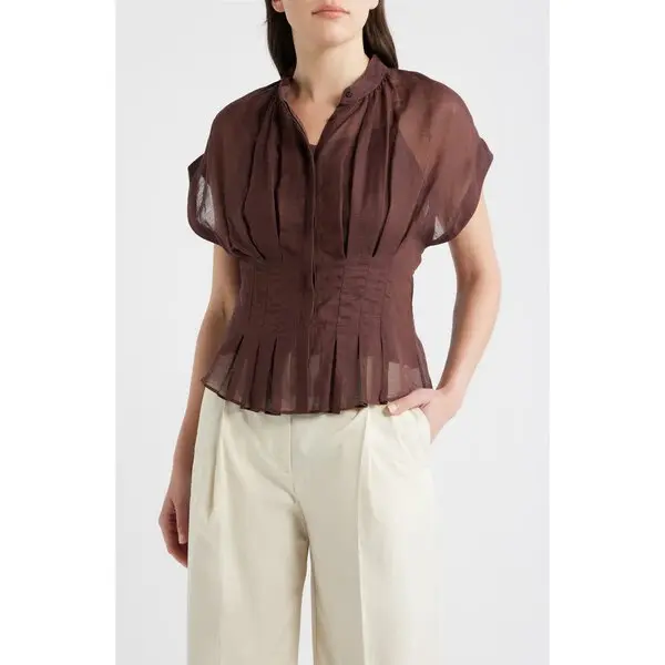 BOSS Badavina Pleat Waist Sheer Button-up Shirt - Mocha