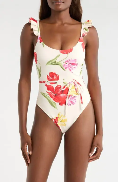 HUTCH Belted Ruffle One-piece Swimsuit - Ivory/multi
