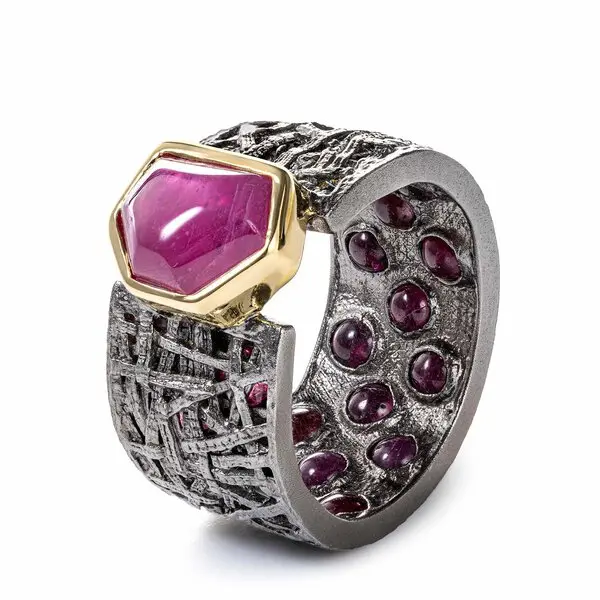GERMAN KABIRSKI Black & Pink Kay Singular Edition Silver Barrel Ring With Fancy Cut Ruby - Black/pink