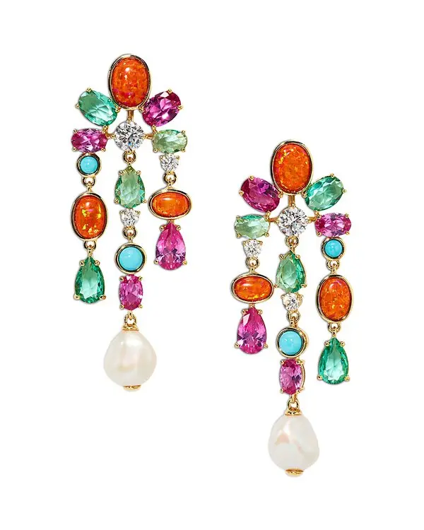 Nadri Frieda Multi Stone Asymmetrical Chandelier Earrings - Gold