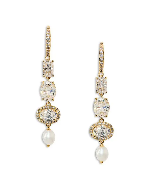 Nadri Linear Drop Earrings With Cubic Zirconia And Imitation Pearl - Gold
