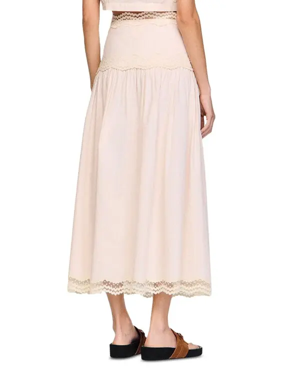 Sandro Long Cotton Skirt With Lace Detailing