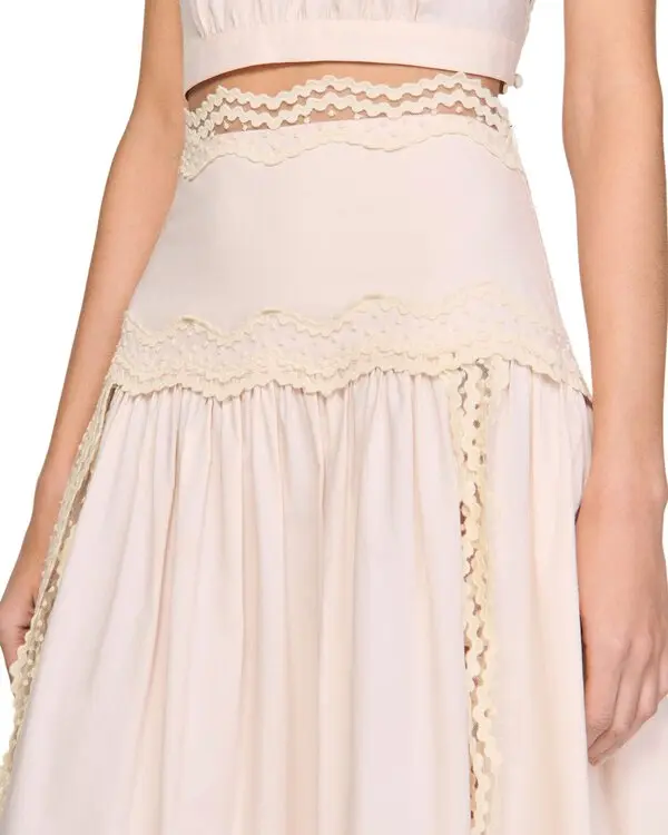 Sandro Long Cotton Skirt With Lace Detailing