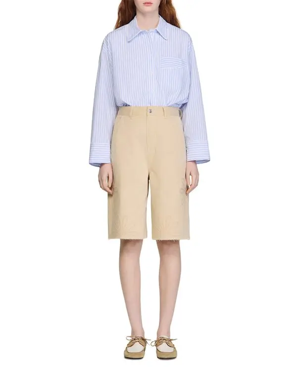 Sandro Cutout Flowers Cotton Bermuda Shorts - Beige