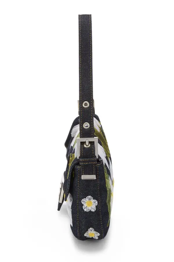 Fendi Embroidered Floral Appliqué Denim Baguette