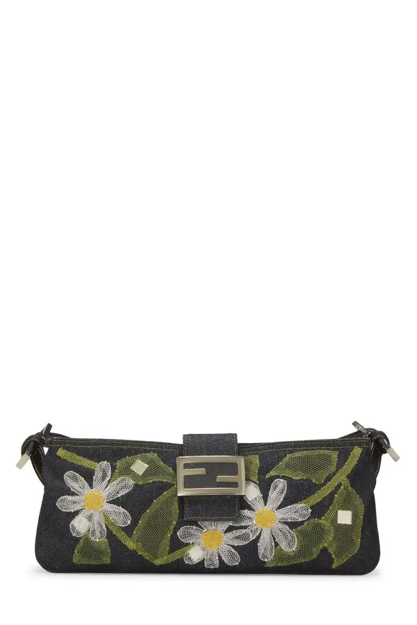 Fendi Denim Floral Appliqué Shoulder Bag - Navy