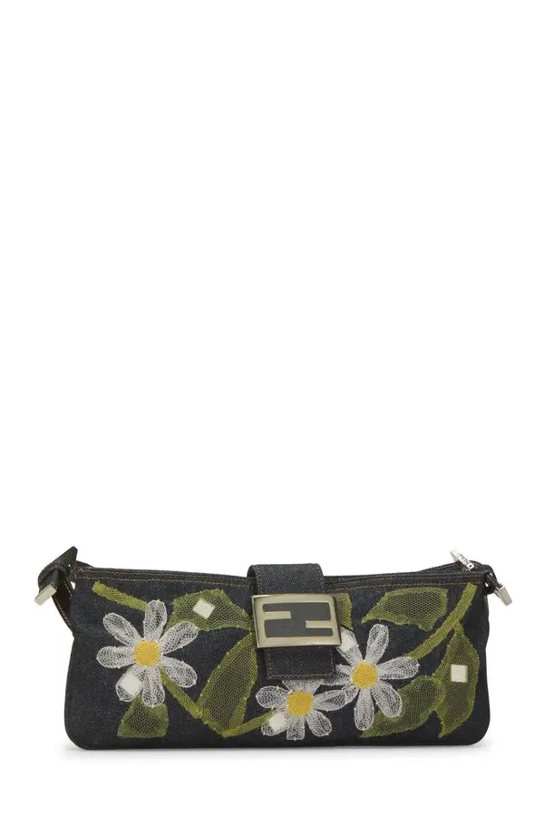 Fendi Denim Floral Appliqué Shoulder Bag - Navy