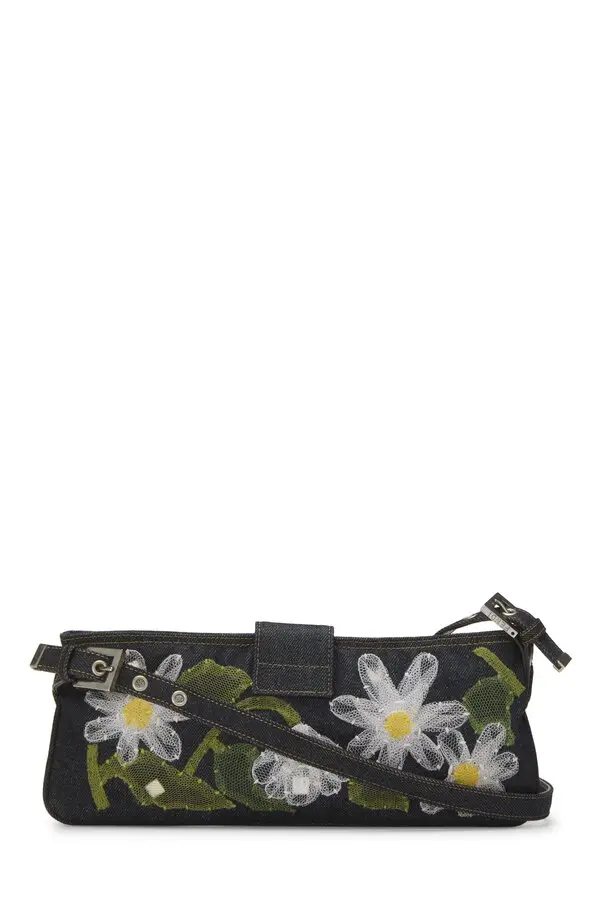 Fendi Denim Floral Appliqué Shoulder Bag - Navy