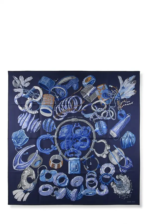 Hermès Multicolor 'bracelets De Lumière' Silk Scarf 90 - Navy