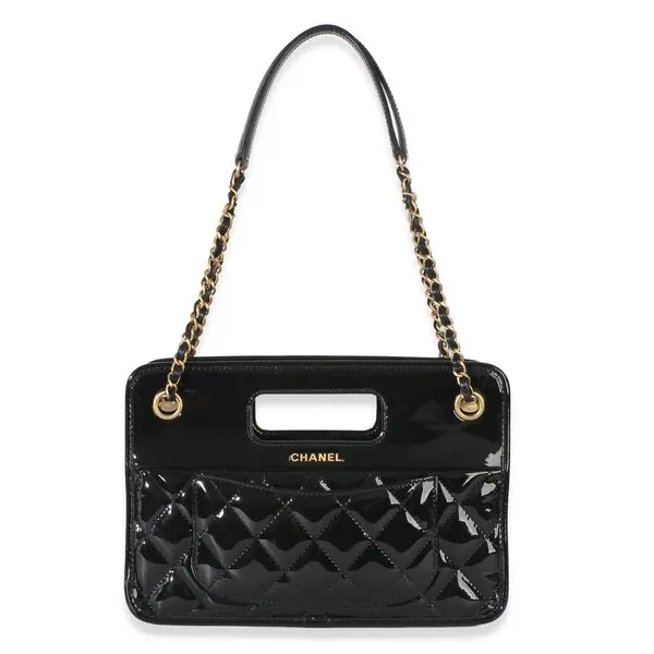 Chanel Quilted Patent Graphic Catch Shopping Bag - Black