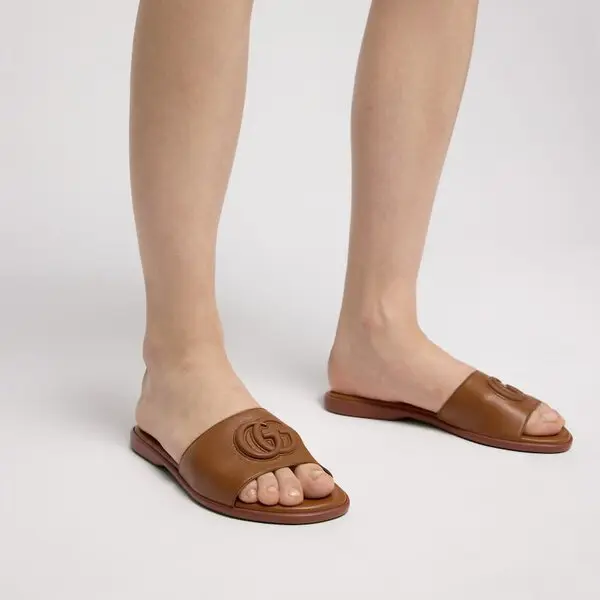 Gucci Double G Leather Slide Sandals - Brown